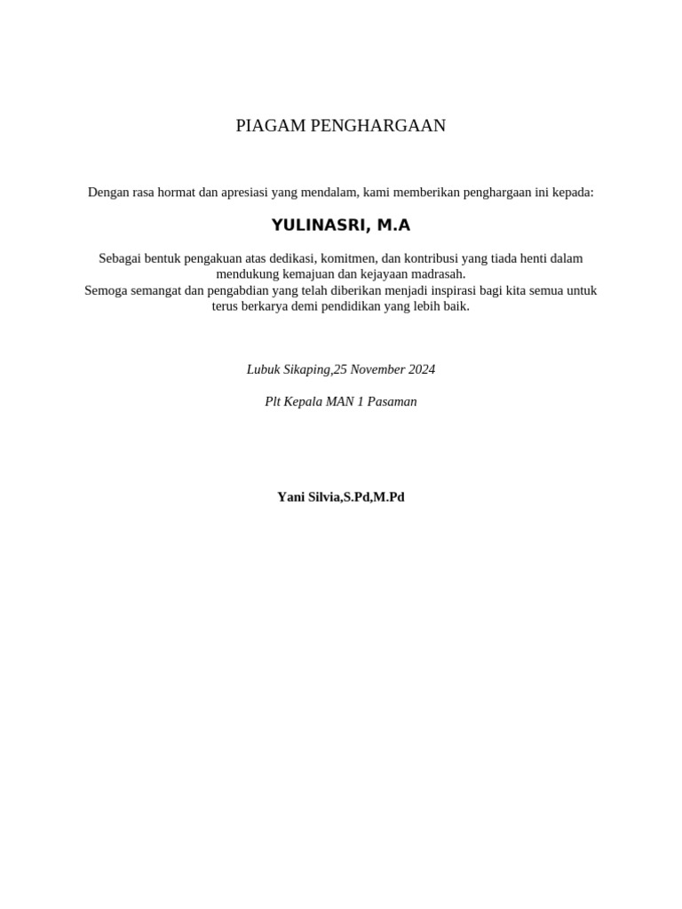 Piagam Penghargaan | PDF