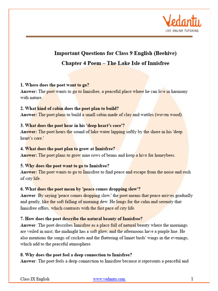 Important Questions Class 9 English Beehive Chapter 4 Poem | PDF | Peace