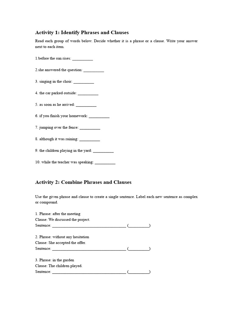 Phrases and Clauses Identification Activity | PDF