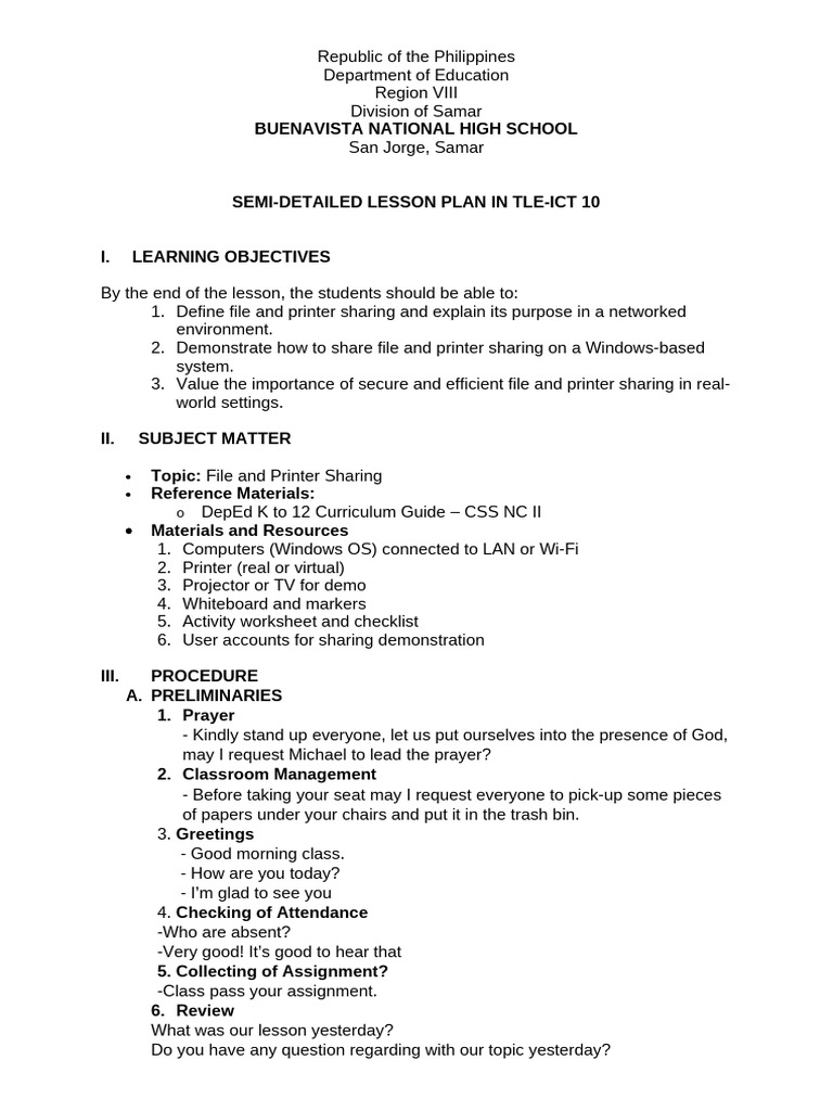 TLE-ICT 10 Lesson Plan: File Sharing | PDF | Computer File | Computer ...