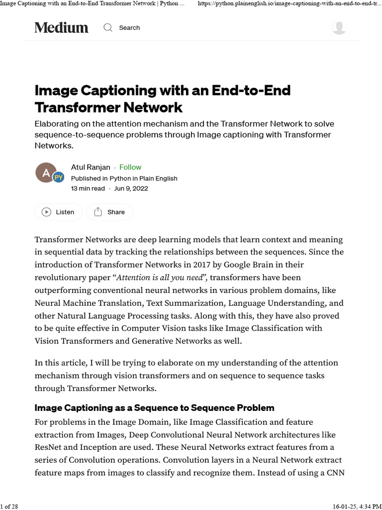 2022 Image Captioning With An End-To-End Transformer Network Python in Plain English | PDF ...