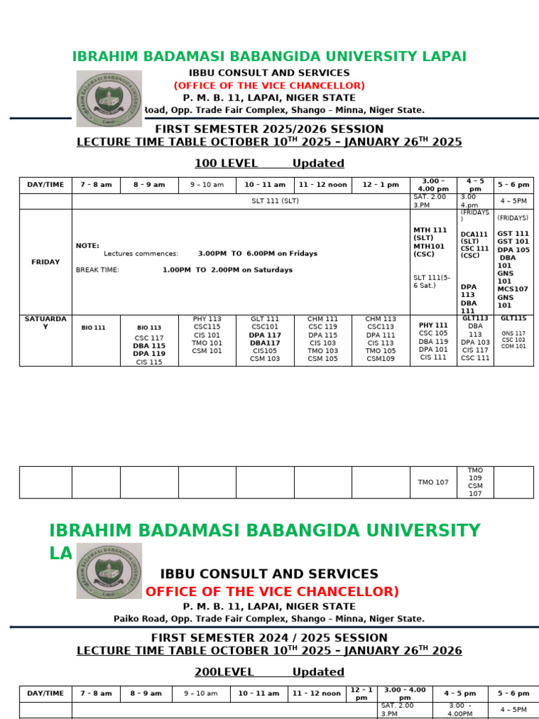 IBBU 2025/2026 Lecture Timetable | PDF