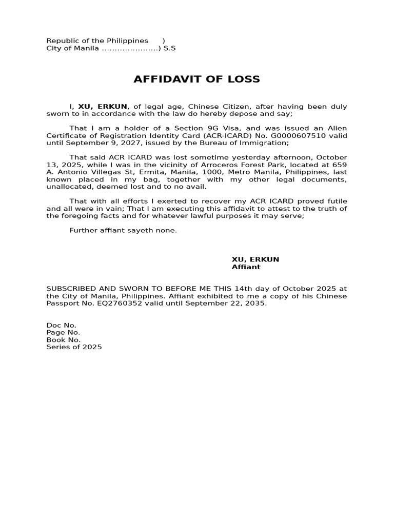 Affidavit of Loss Erkun Icard | PDF