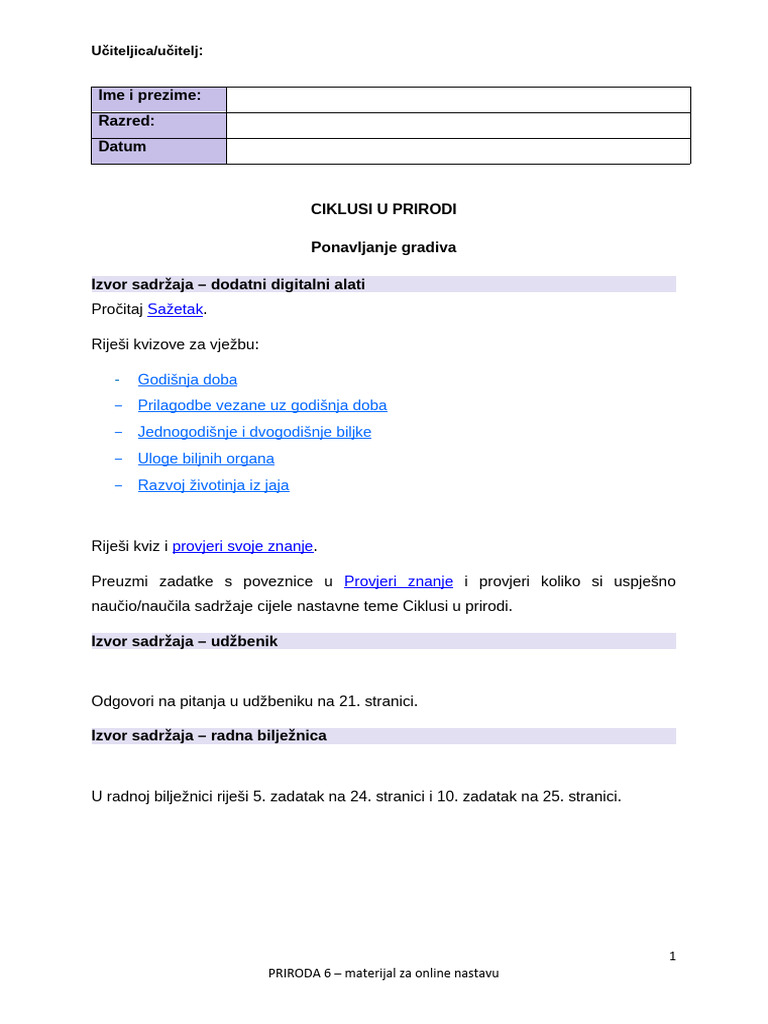 Ciklusi U Prirodi (Ponavljanje Gradiva) | PDF
