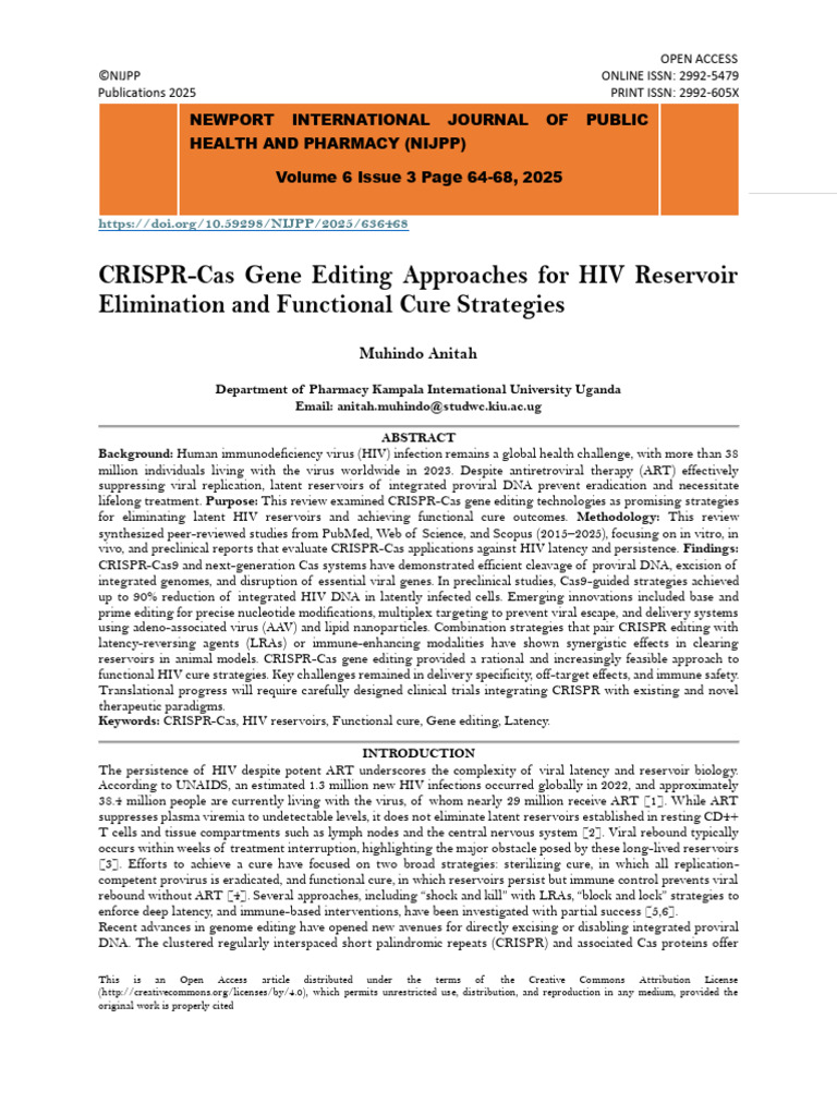 CRISPR-Cas Gene Editing Approaches For HIV Reservoir Elimination and ...