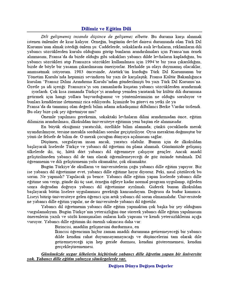 Dilimiz Ve Eğitim Dili-Bedia Akarsu 15 02 2006 | PDF