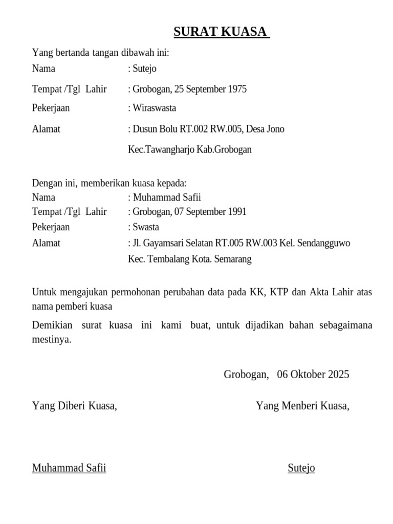 Surat Kuasa Perubahan Data Pribadi | PDF