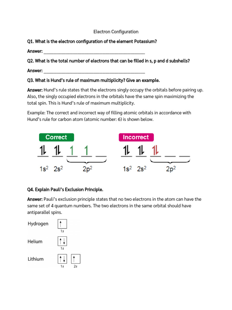 Electron Configuration Questions | PDF | Atomic Orbital | Electron ...