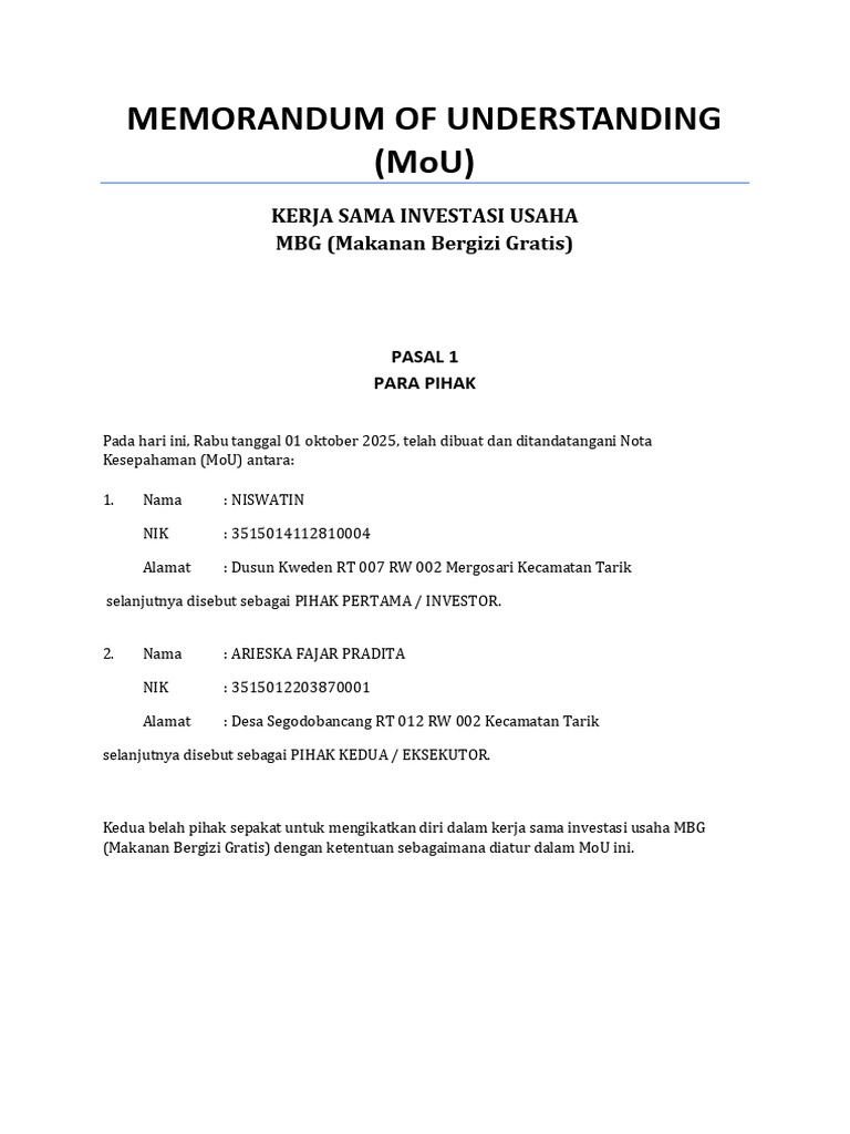 MoU Kerja Sama Usaha MBG | PDF