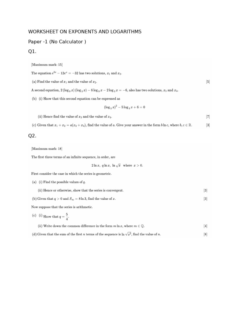 Worksheet On Exponents and Logarithms | PDF