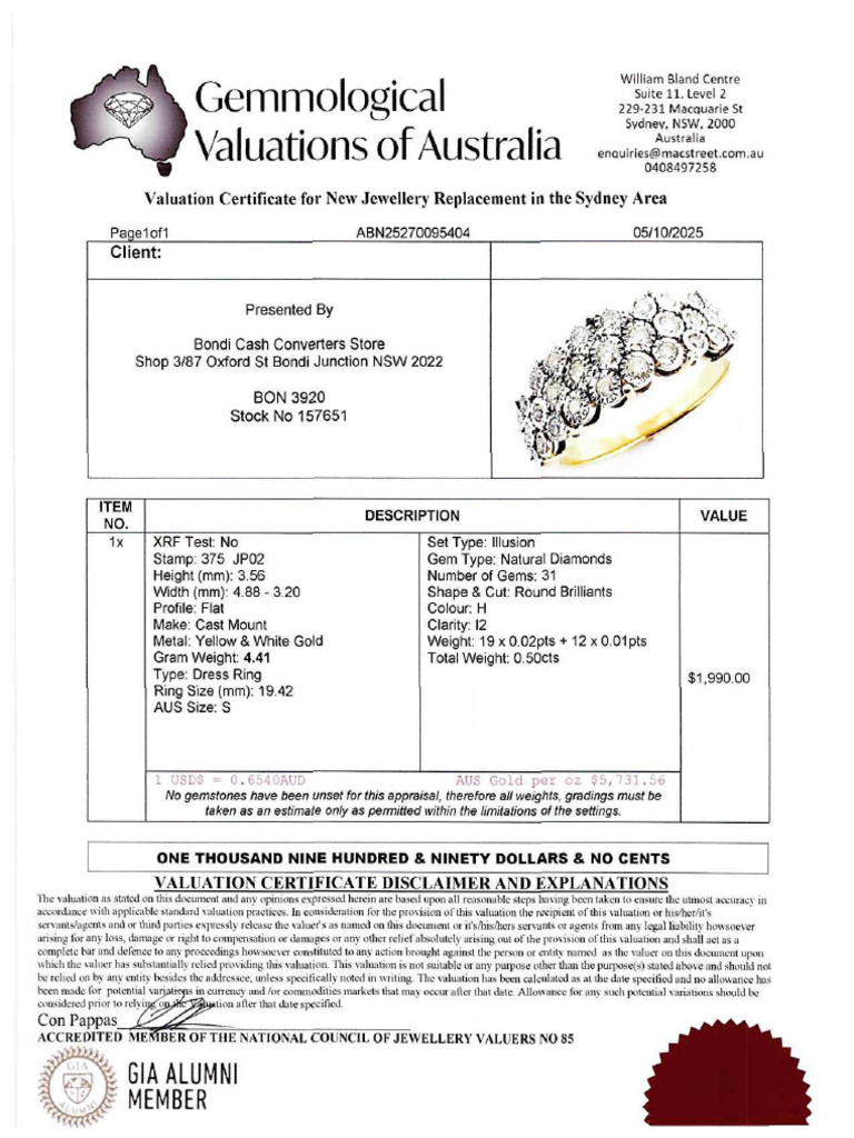 Sydney Jewellery Valuation Certificate | PDF | Real Estate Appraisal ...