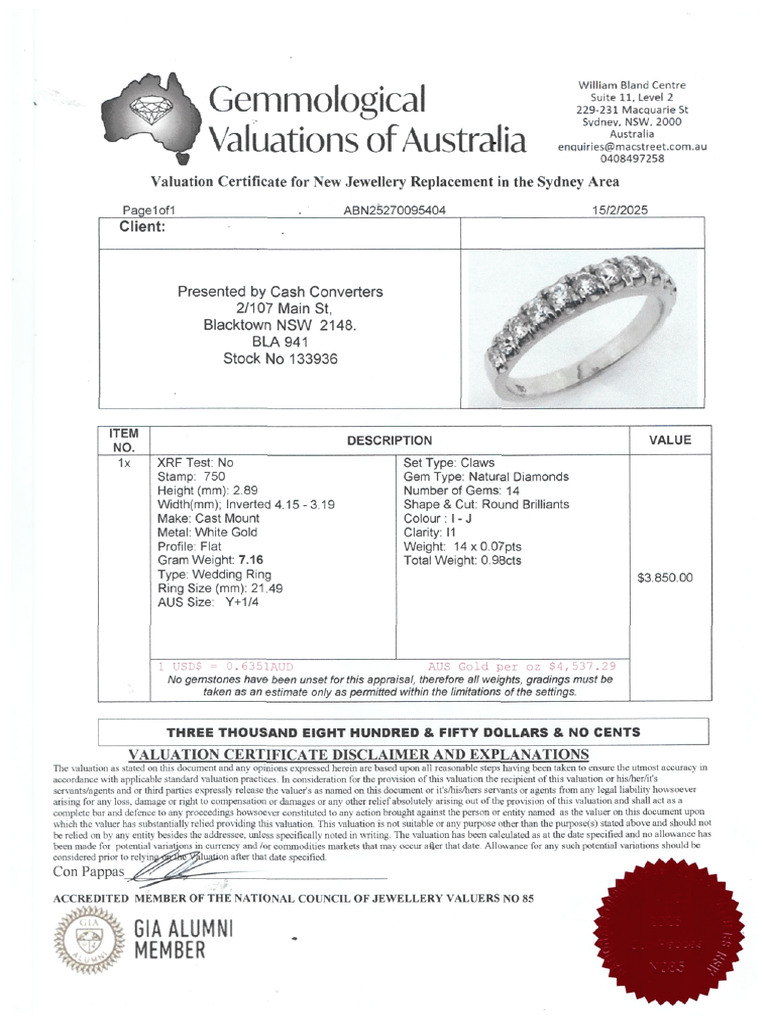 Sydney Jewellery Valuation Certificate | PDF | Real Estate Appraisal ...