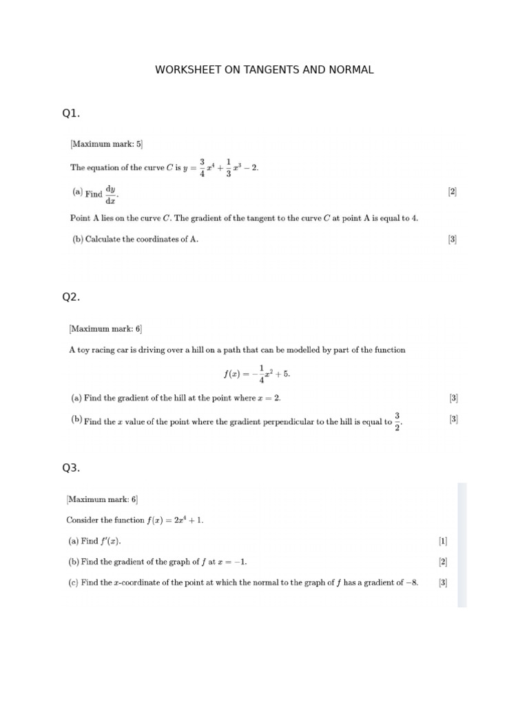Worksheet On Tangents and Normal | PDF
