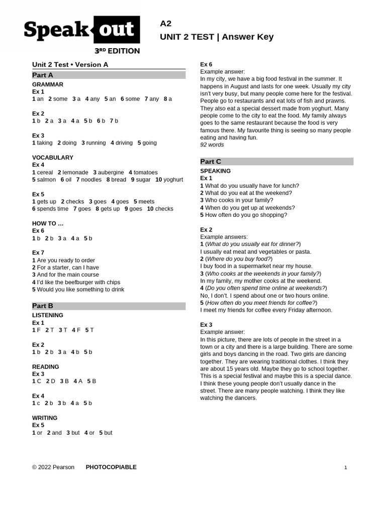 A2 Unit 2 Test Answer Key | PDF | Lunch | European Cuisine