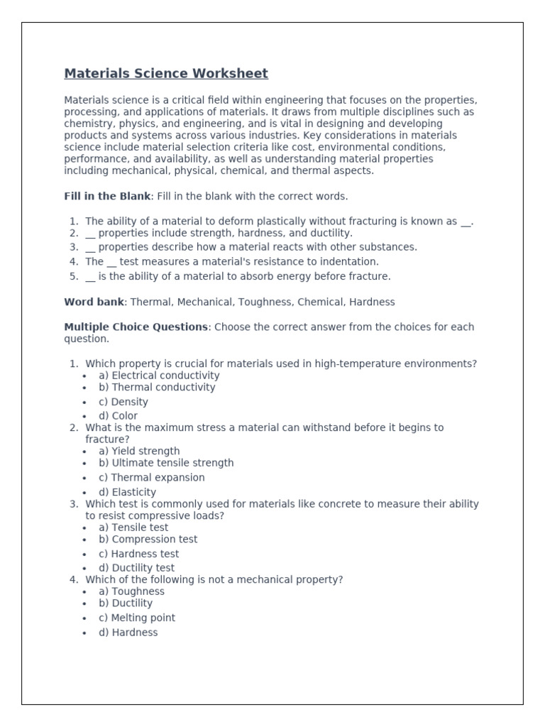 Materials Science Worksheet Guide | PDF