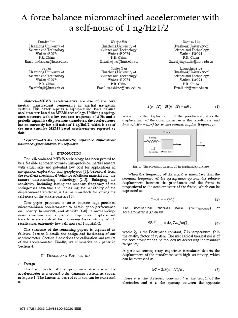 A Force Balance Micromachined Accelerometer With A Self-Noise of 1 NG ...