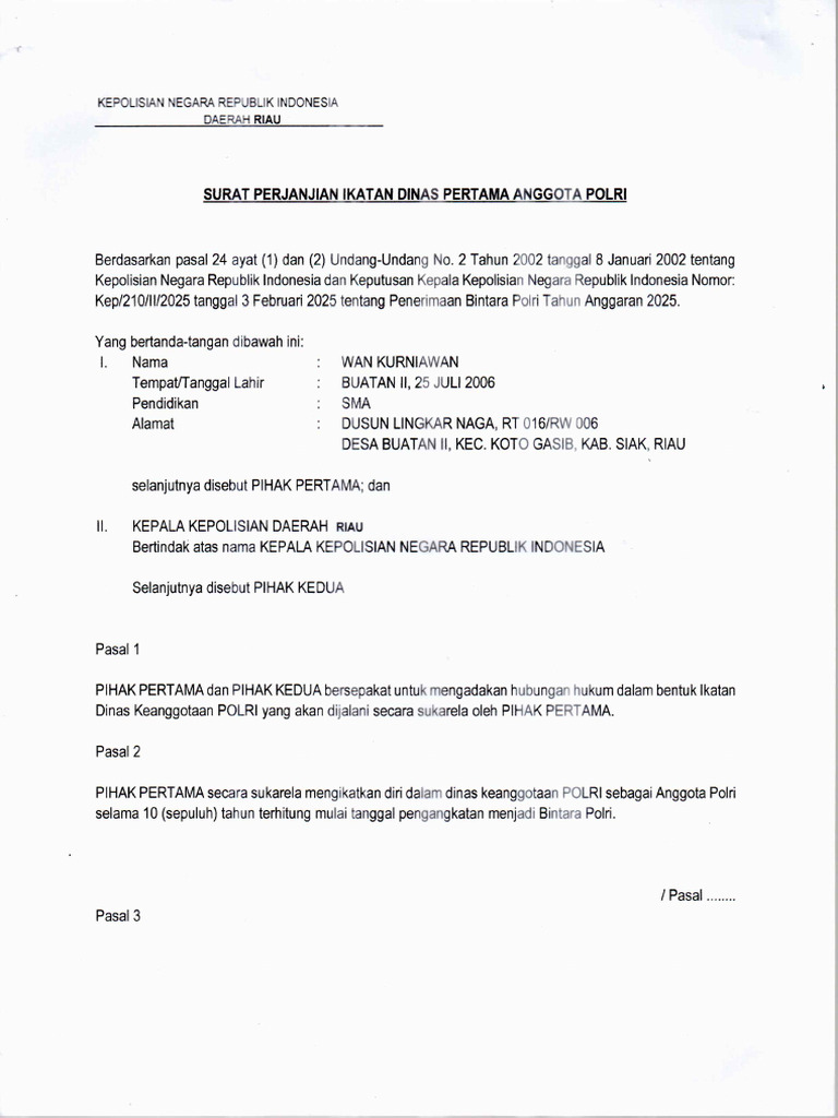 Perjanjian Ikatan Dinas Pertama Pdf