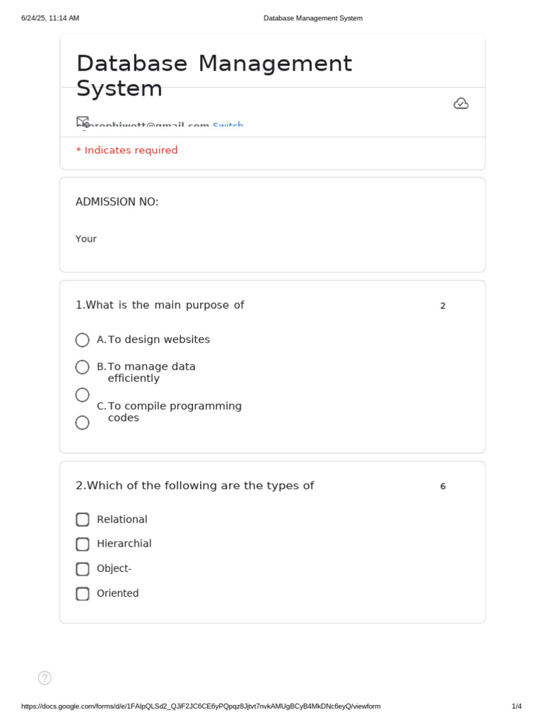 Database Management System Quiz | PDF | Databases | Relational Database