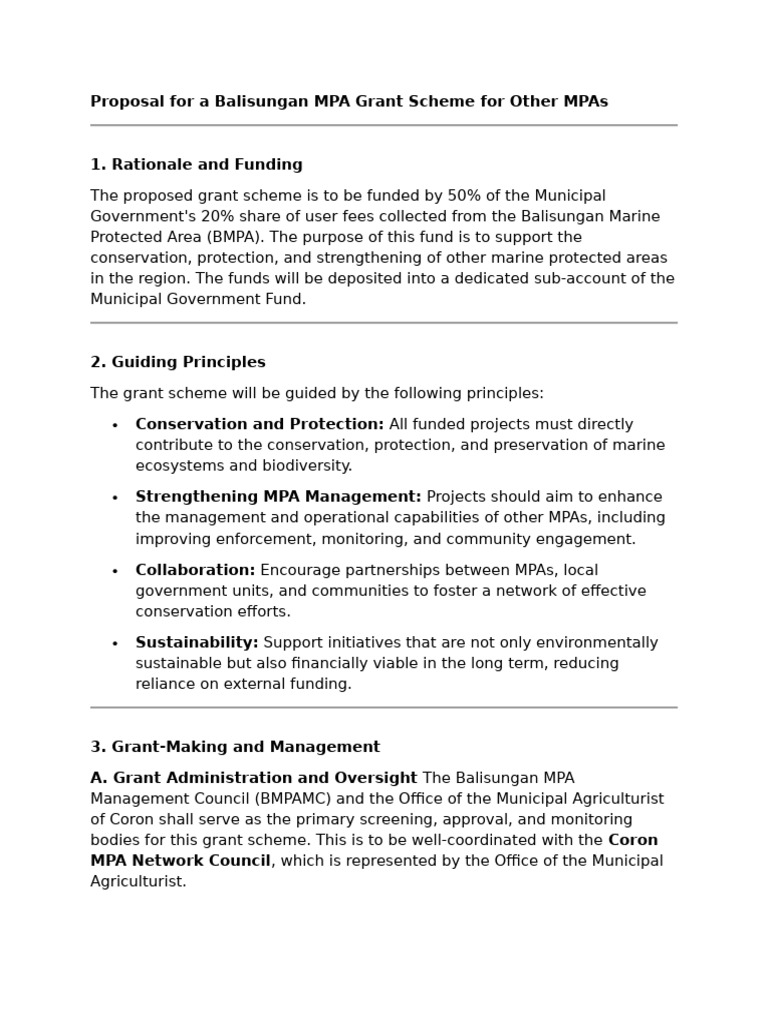 Proposal For A Balisungan MPA Grant Scheme For Other MPAs | PDF ...