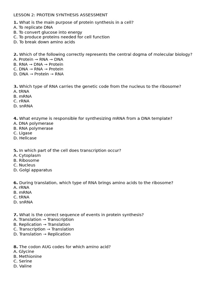 Assessment Protein Synthesis | PDF | Translation (Biology) | Messenger Rna