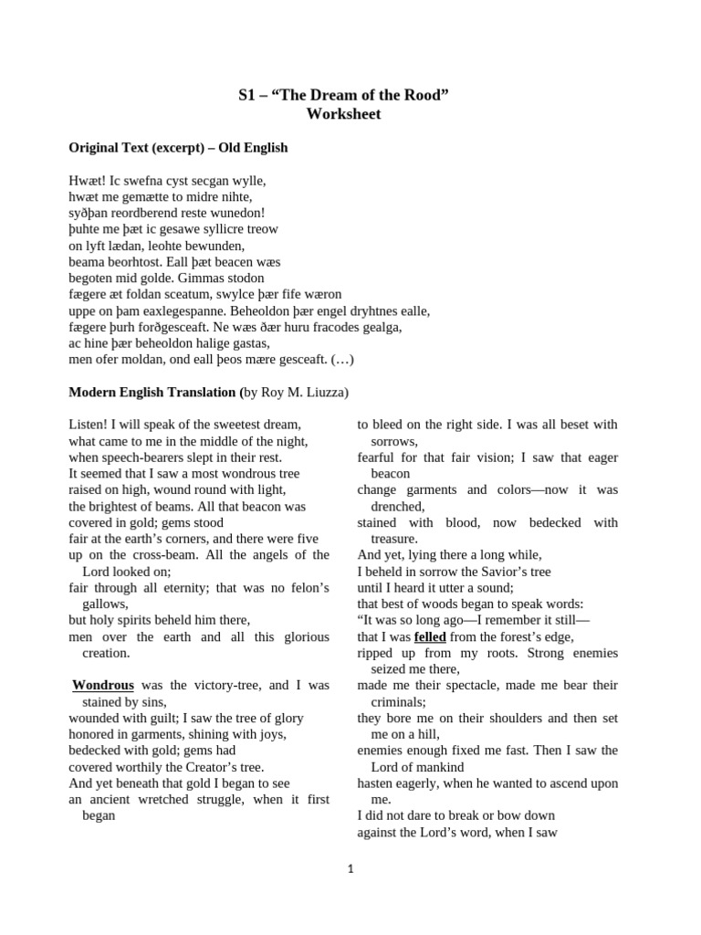 II S1 - The Dream of The Rood - Worksheet | PDF | Glory (Religion) | Heaven