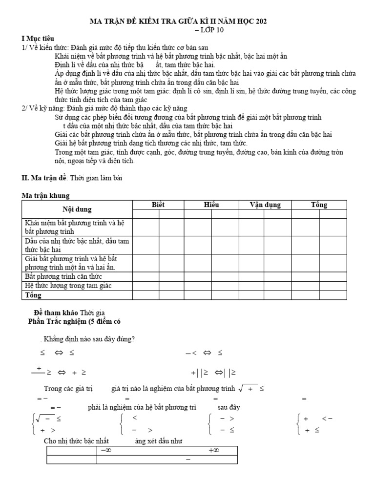 Ma Tran de Kiem Tra Giua Ki 2 Toan 10 (21-22) - Truc Tiep - Hs | PDF