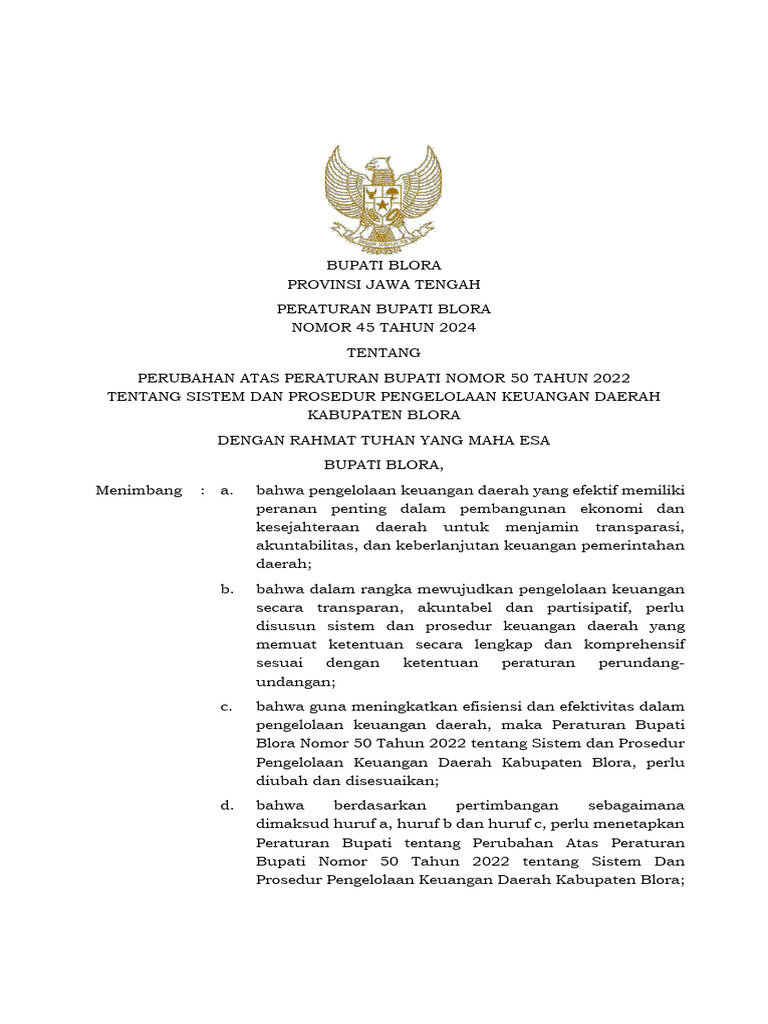 Perubahan Peraturan Keuangan Blora 2024 | PDF