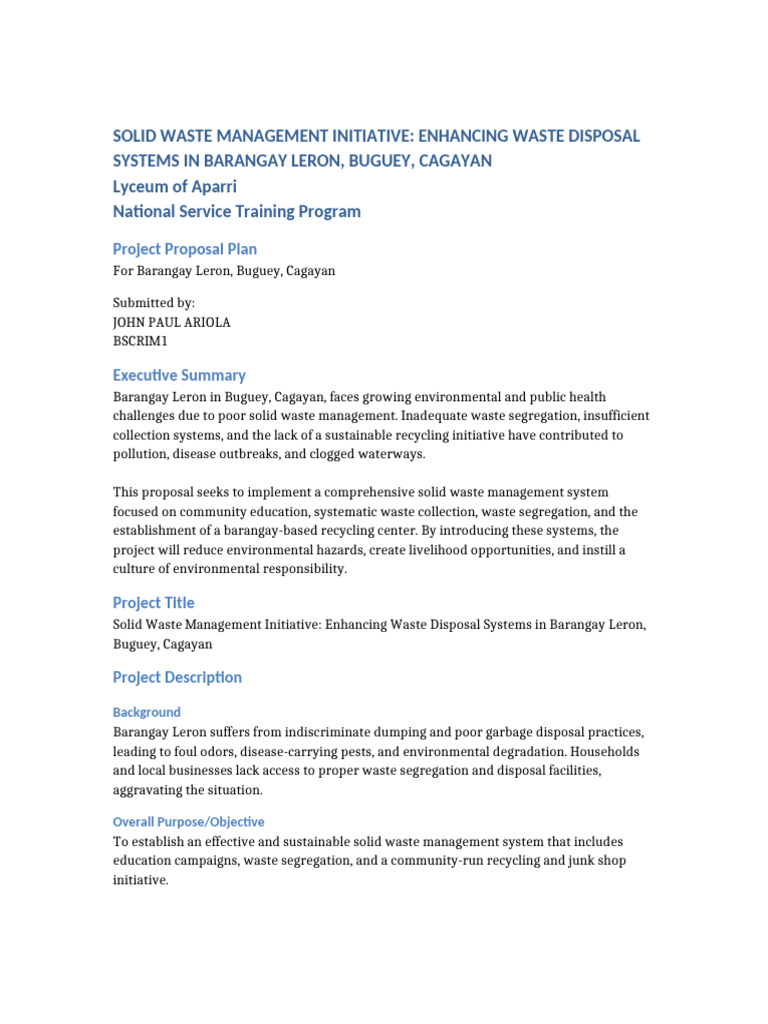 Solid Waste Management Proposal for Barangay Leron | PDF | Waste ...