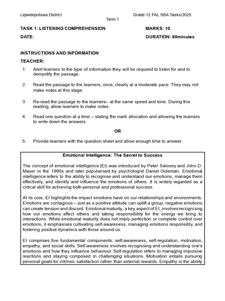 Grade 12 FAL SBA Tasks Overview | PDF | Empathy | Emotional Intelligence