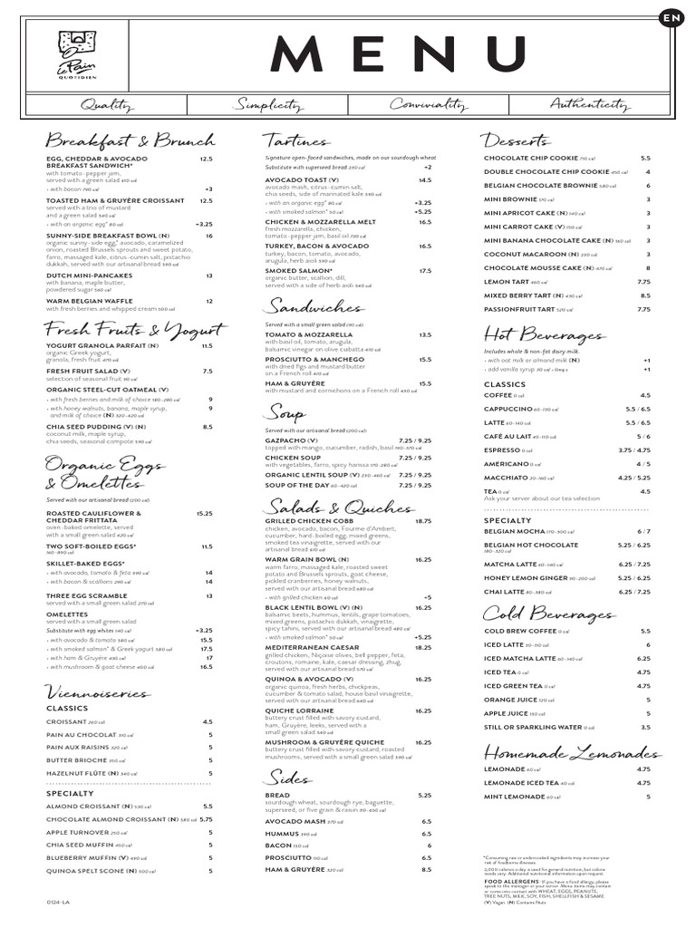 Le Pain Quotidien Menu & Nutrition Facts | PDF | Food Allergy | Salad