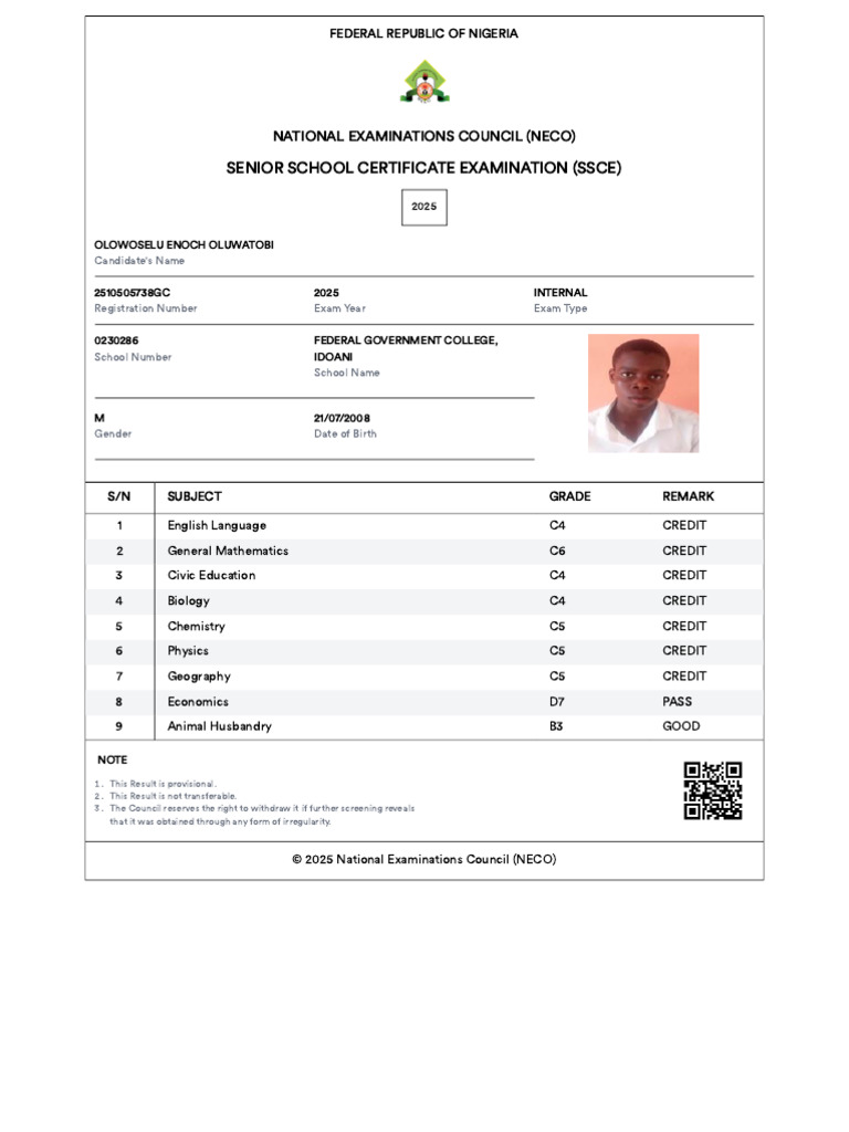 NECO Results Portal | PDF