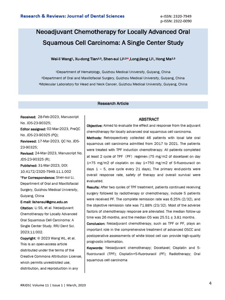Neoadjuvant Chemotherapy For Locally Advanced Oral Squamous Cell ...