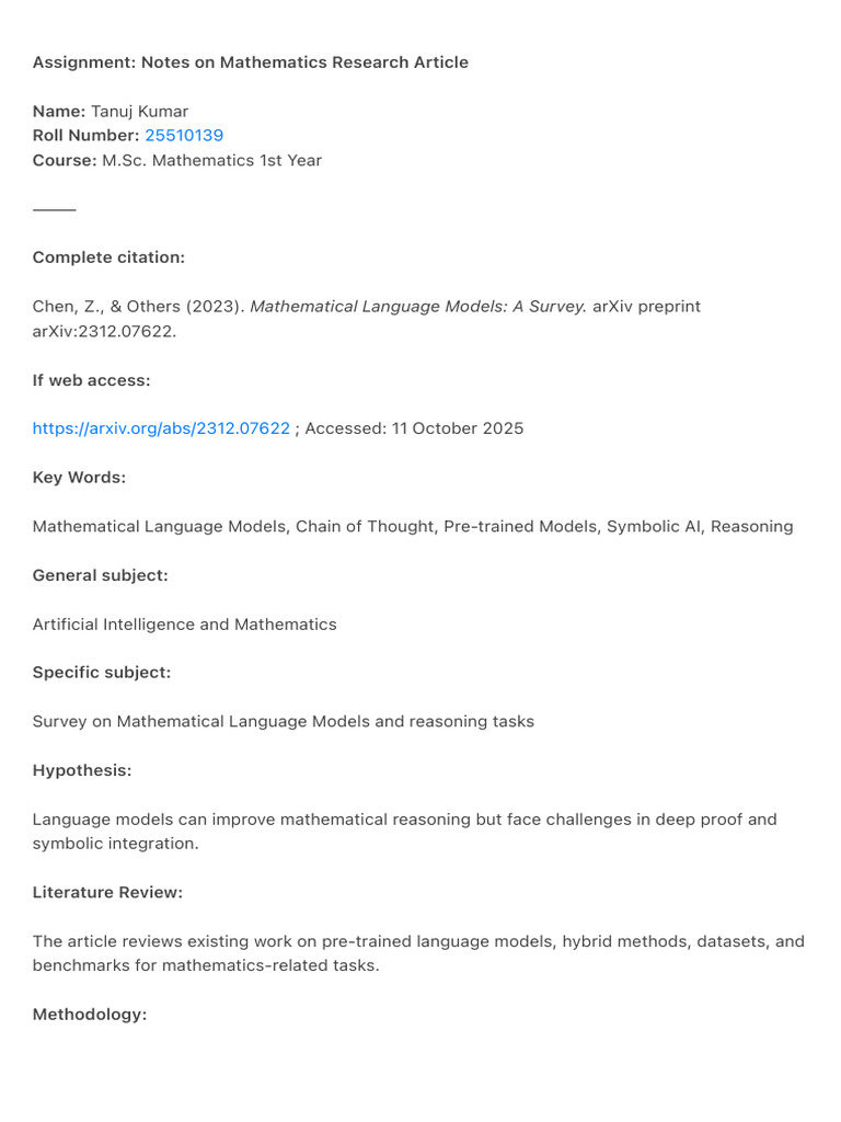 Assignment - Notes On Mathematics Research Article-2 | PDF