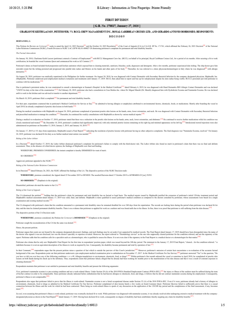 Lacson Vs RCCL Crew Management Inc | PDF | Dermatitis | Allergy