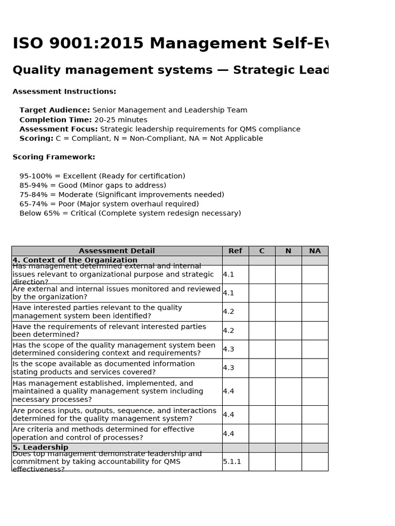 ISO 9001 Pre-Audit - Self-Evaluation Checklists | PDF | Quality ...