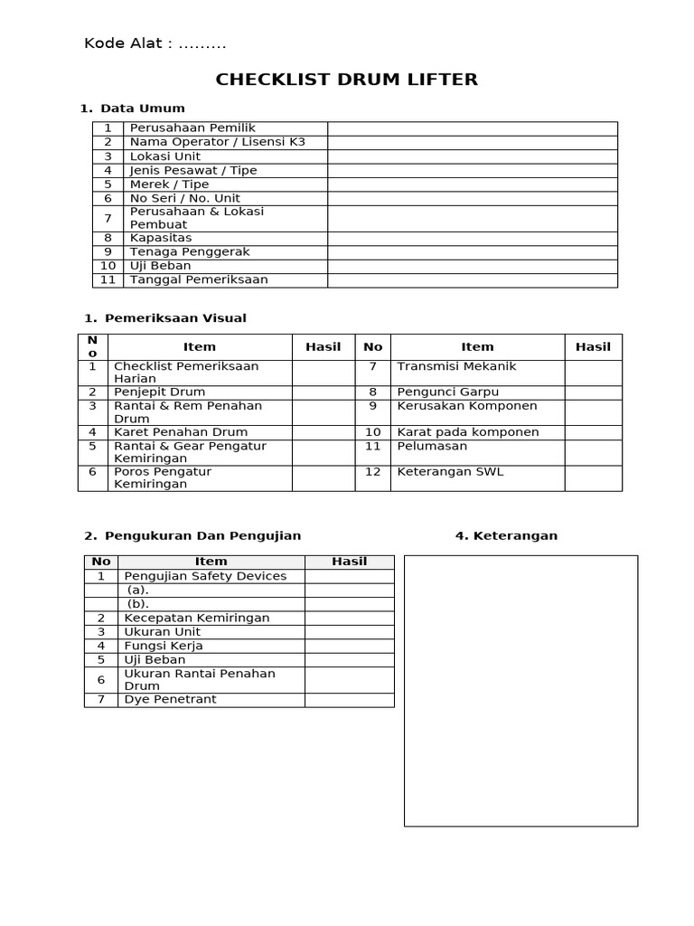 Checklist Pemeriksaan Drum Lifter | PDF