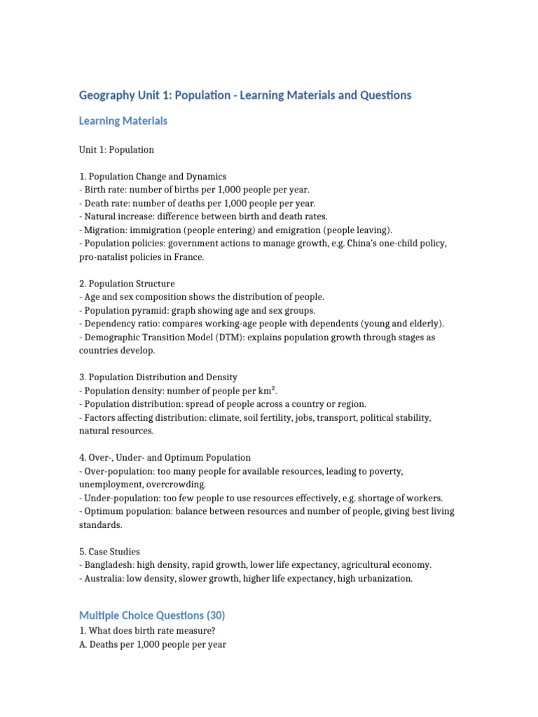 Geography Unit1 Population Materials | PDF | Birth Rate | Human Migration