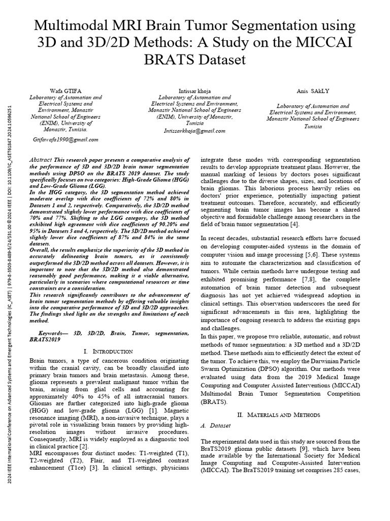 Multimodal MRI Brain Tumor Segmentation Using 3D and 3D 2D Methods A Study On The MICCAI BRATS ...