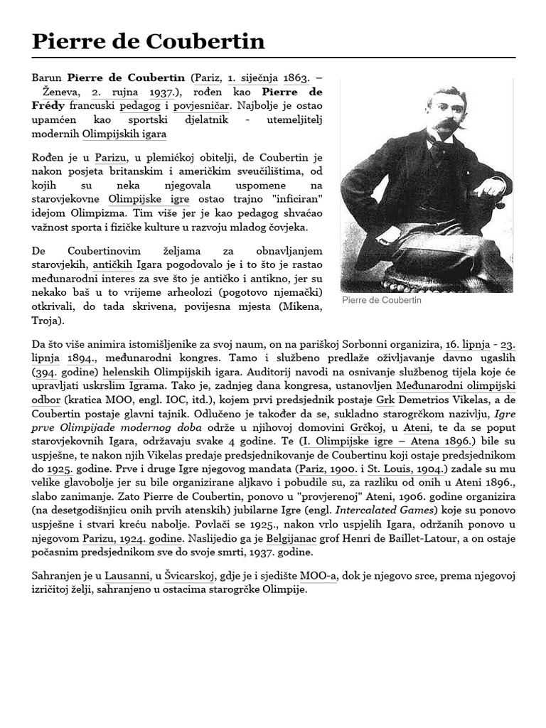 Pierre de Coubertin - Wikipedija | PDF