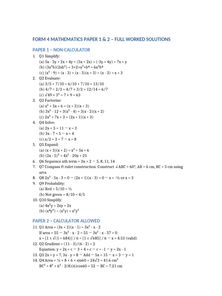 Form 4 Mathematics Solutions Guide | PDF