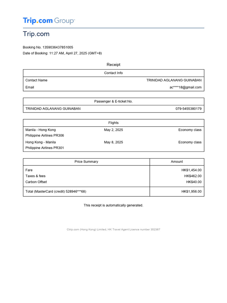Trip.com Flight Booking Receipt | PDF