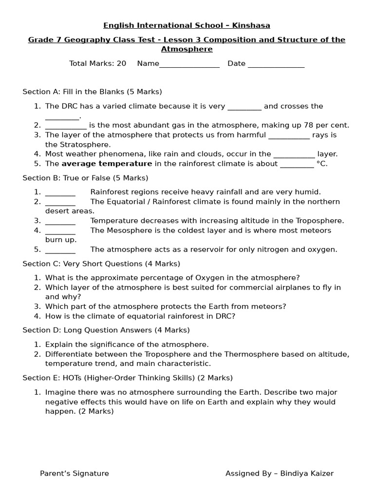 Geography Grade 7 Class Test Lesson 3 | PDF