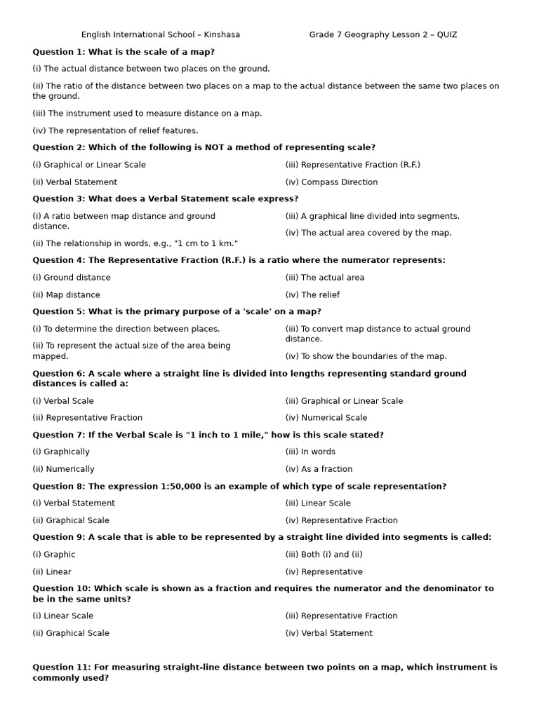 Grade 7 Geography Quiz: Map Scale | PDF | Map