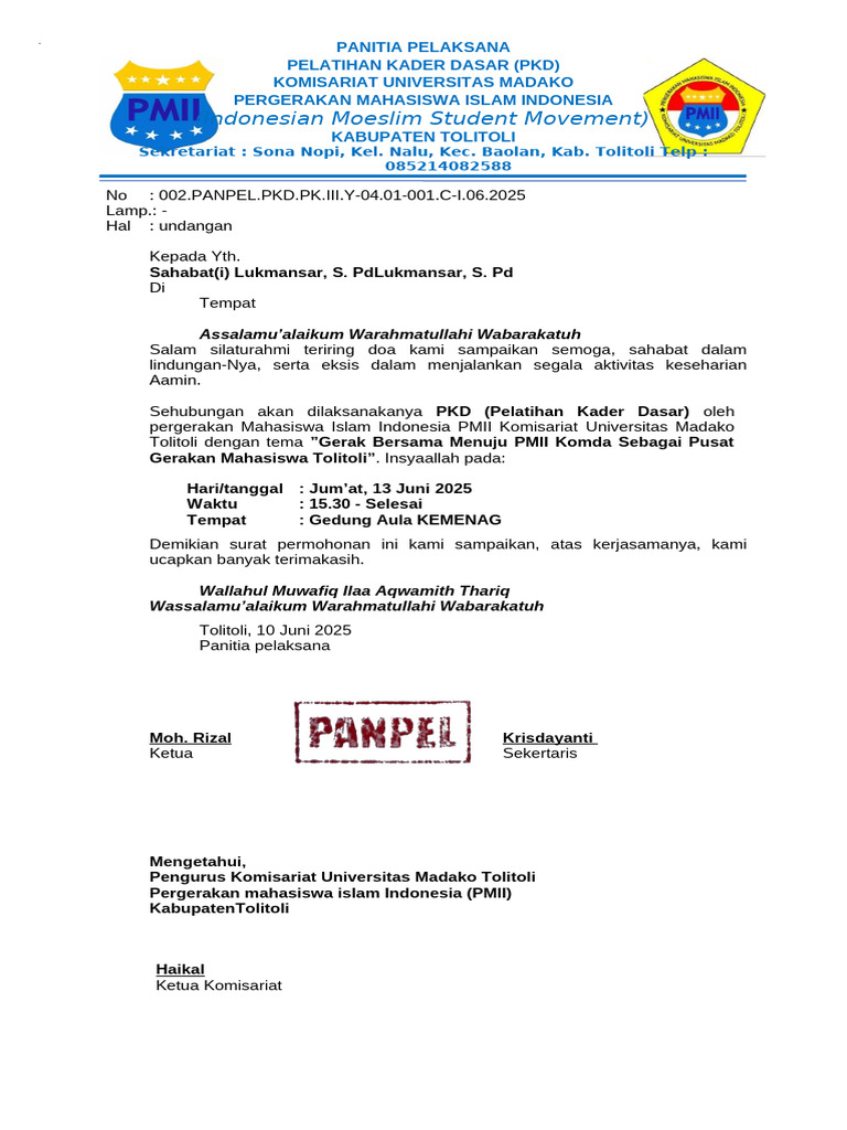 Undangan PKD PMII Universitas Madako | PDF