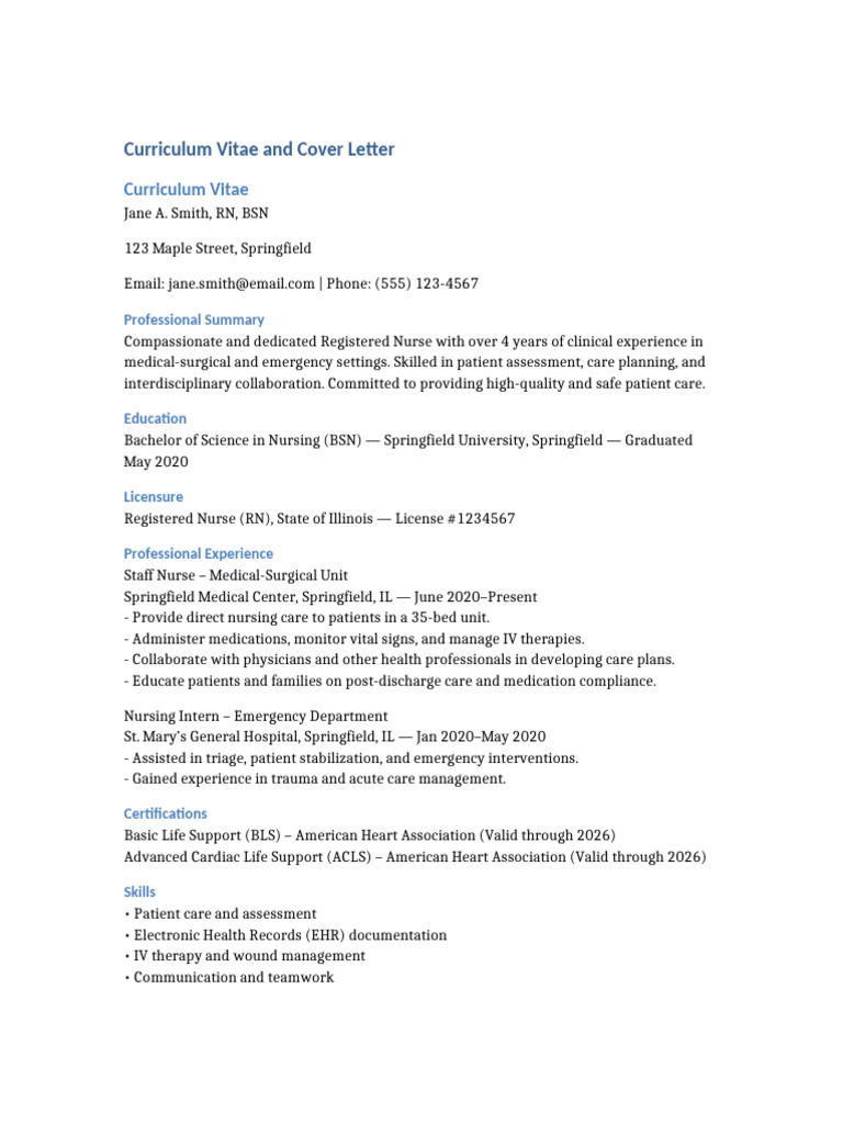 RN Jane A. Smith: CV & Cover Letter | PDF | Nursing | Social Programs