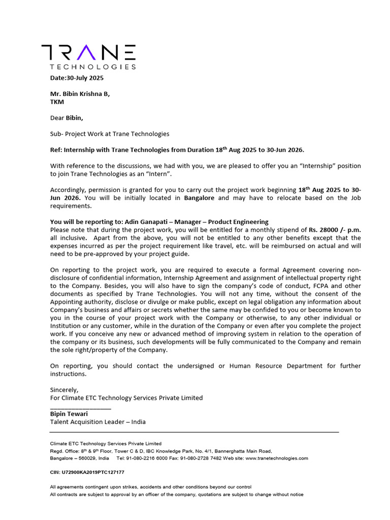 Internship Letter - Bibin Krishna B | PDF | Common Law | Justice