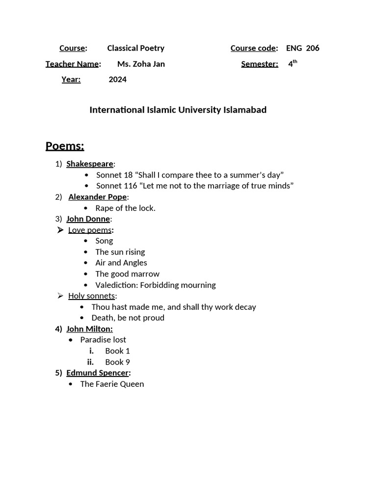 Classical Poetry Course Overview ENG 206 | PDF