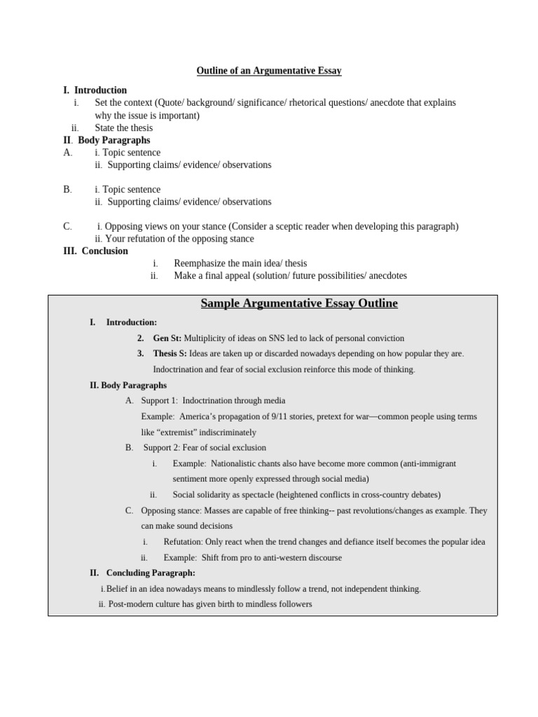 Outline of An Argumentative Essay | PDF