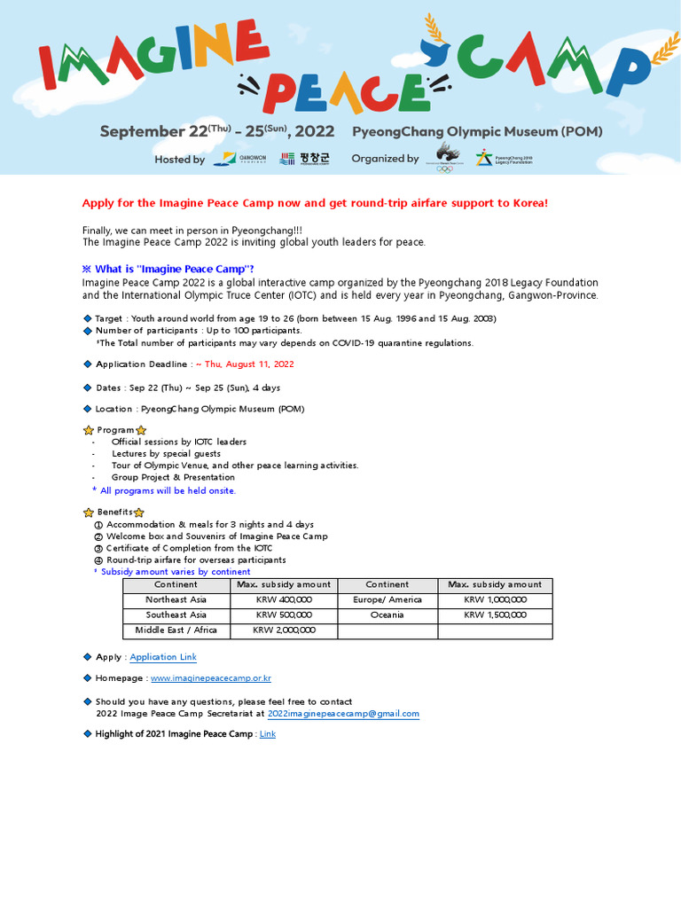 (Imagine Peace Camp 2022) Participant Recruitment Notice | PDF