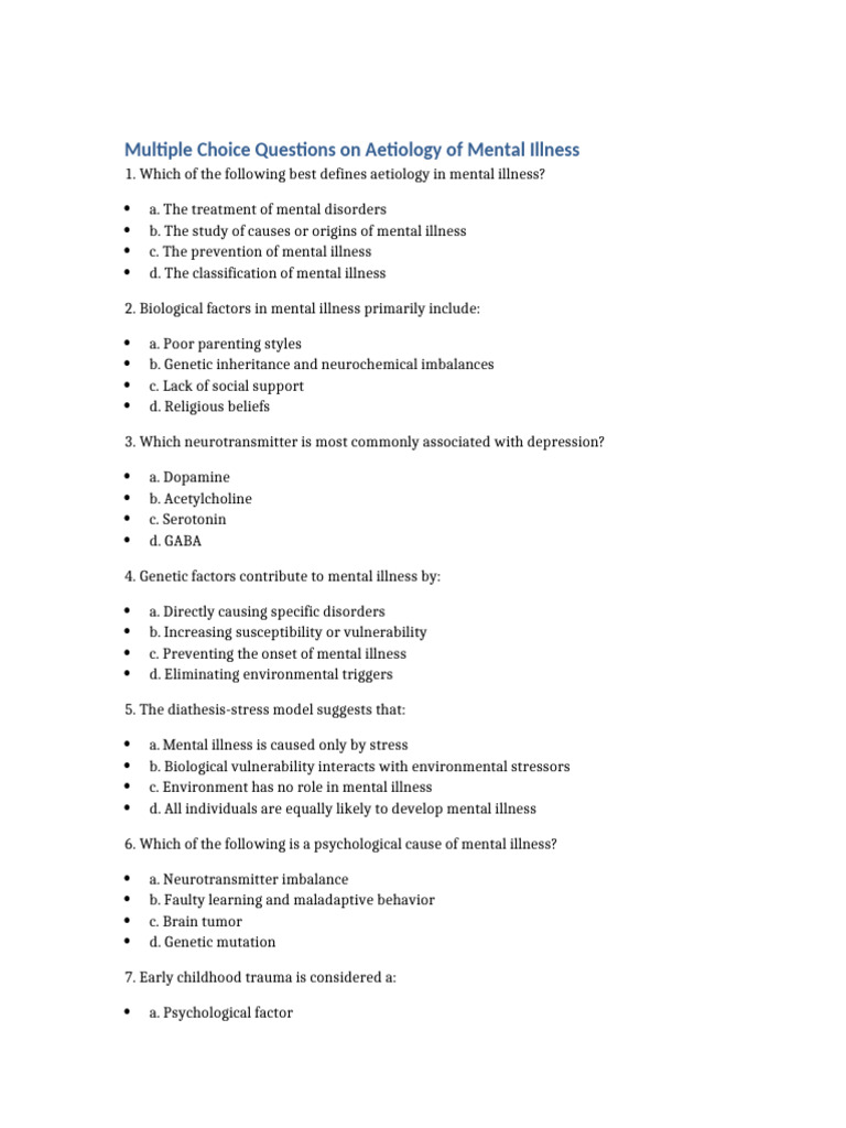 Causes of Mental Disorders Quiz 1 Sir Dennis | PDF | Mental Disorder ...